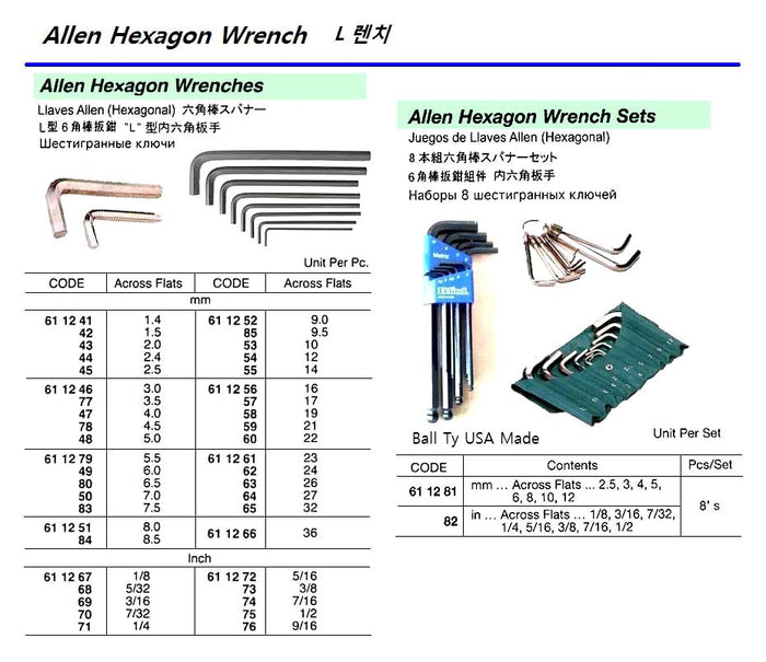 611281-WRENCH SET ALLEN HEXAGON, 2.5-12MM 8?S